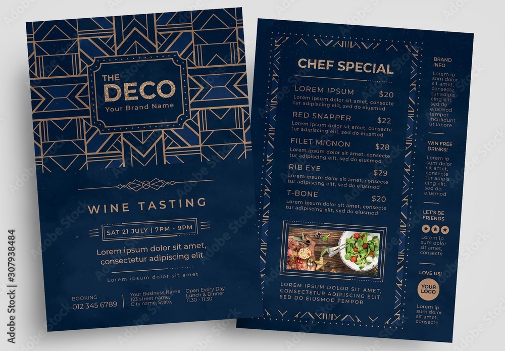 Art Deco Menu Layout with Blue and Gold Elements Stock Template | Adobe ...