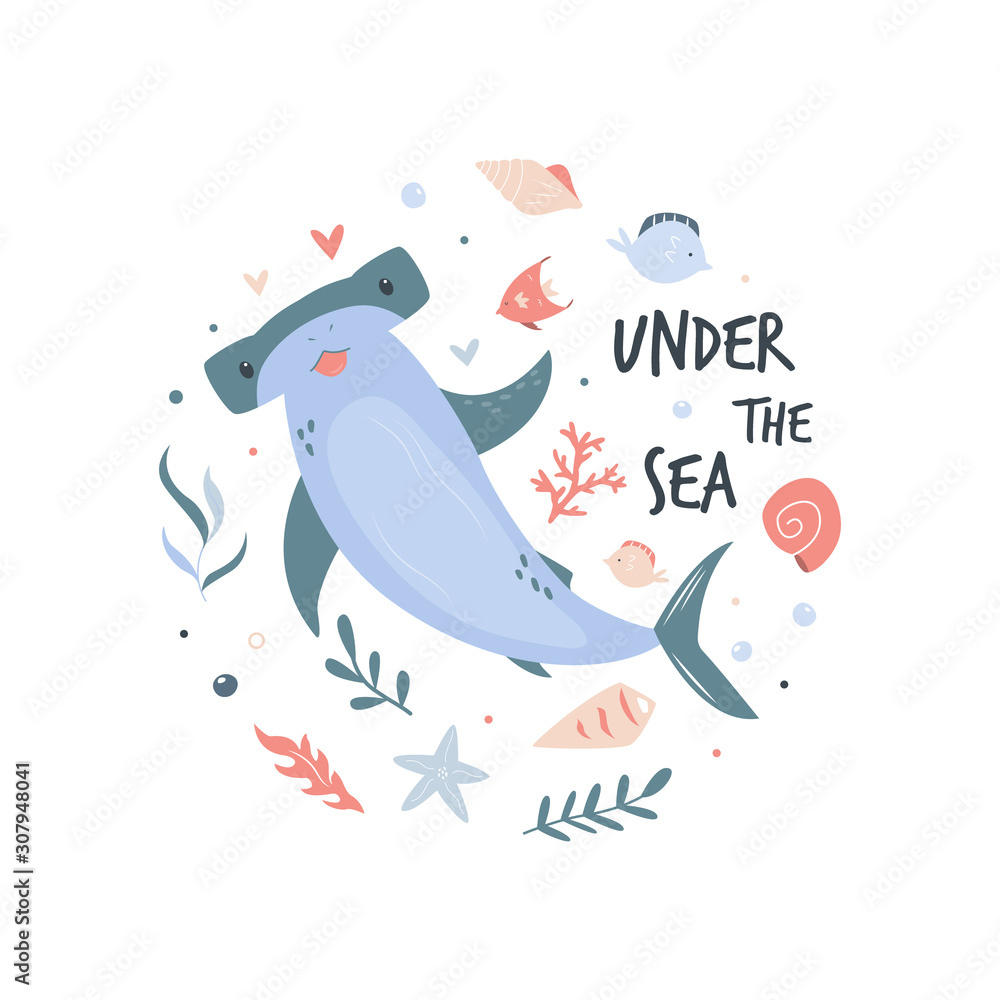 Circle abstract design with cute shark and fishes Stock Vector | Adobe ...