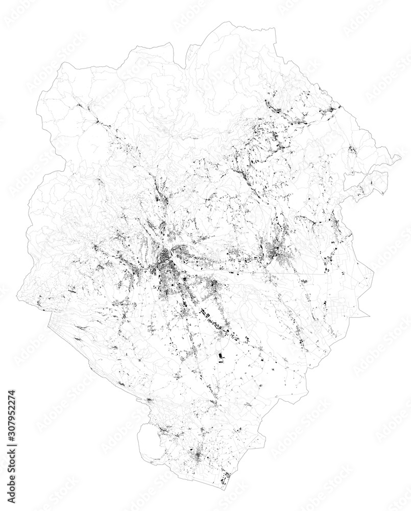 Satellite map of province of Biella, towns and roads, buildings and ...