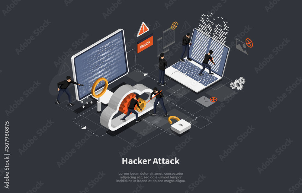 3d isometric vector illustration, Phishing scam, hacker attack, mobile ...