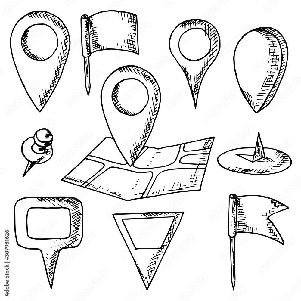Hand-drawn set of map pins. Isolated objects on a white background ...