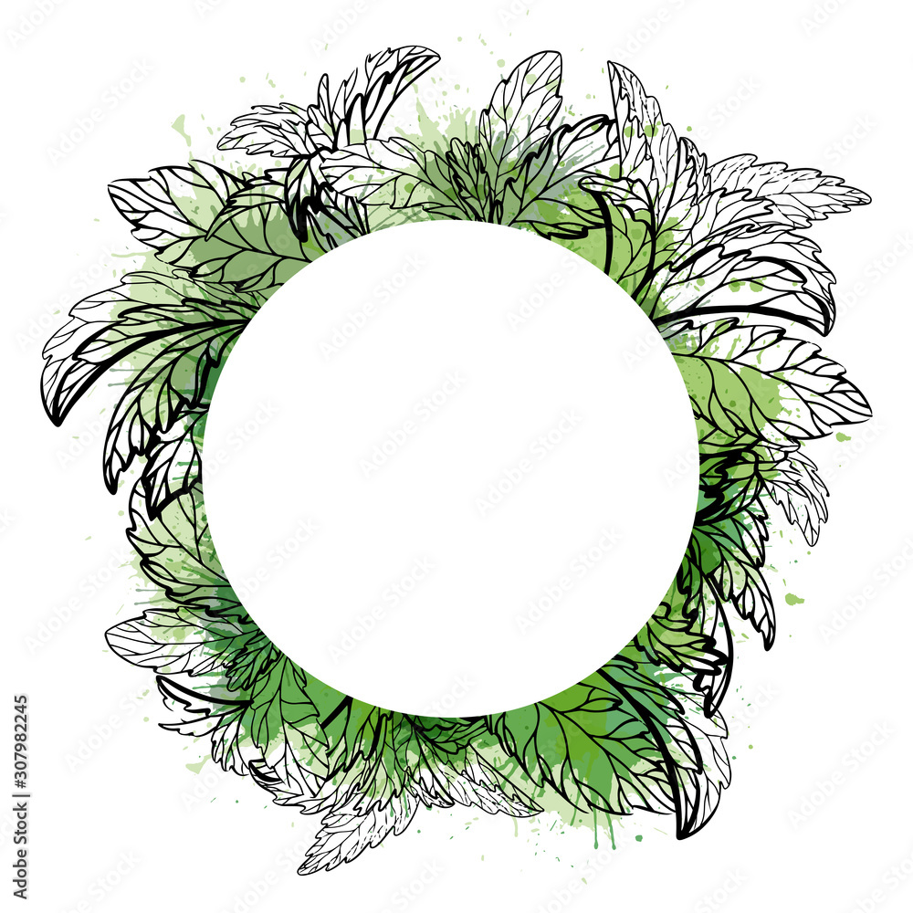 Circle frame with sketch of plants with watercolor splashes. Vector ...