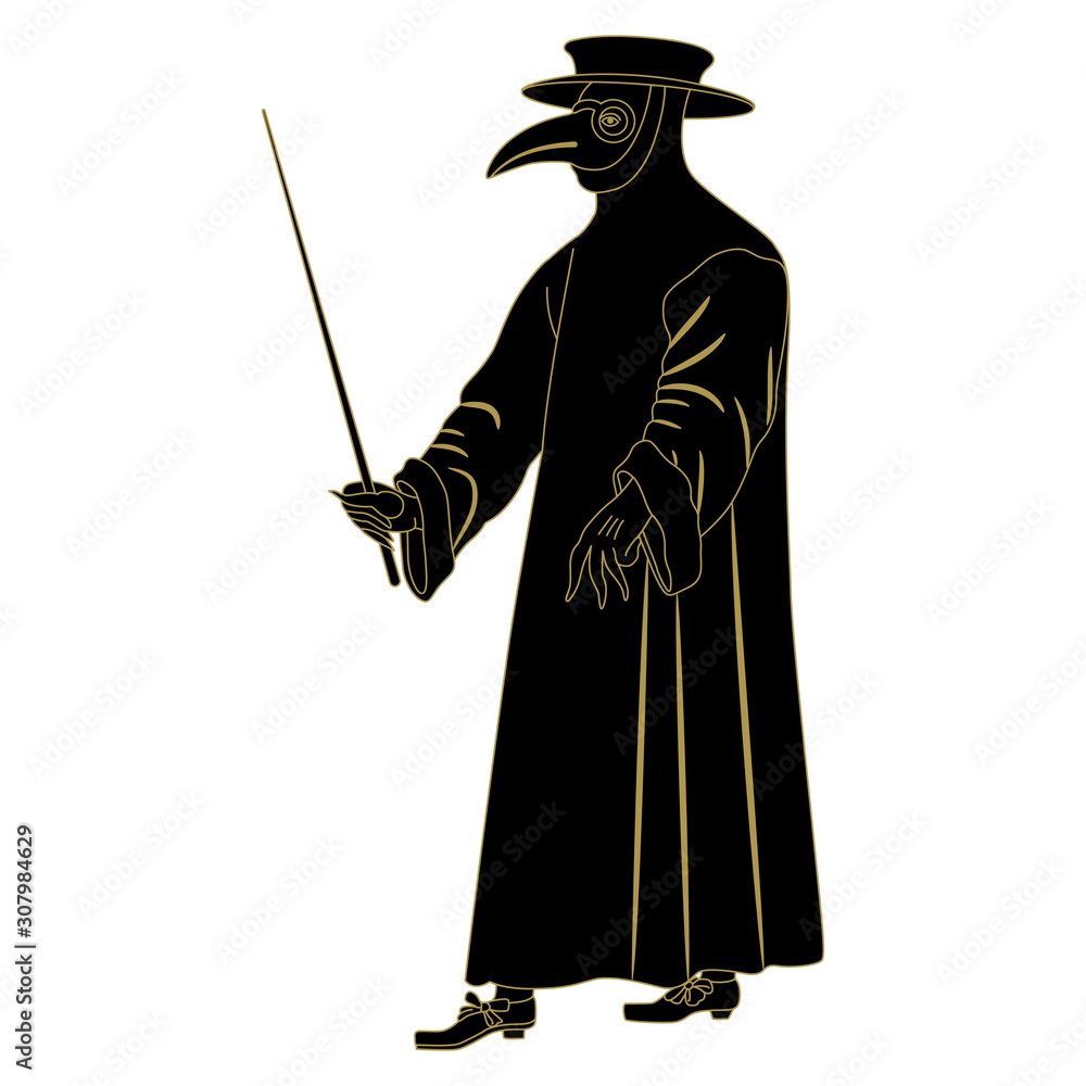 Silhouette of plague doctor. Medieval spooky costume with long beak ...