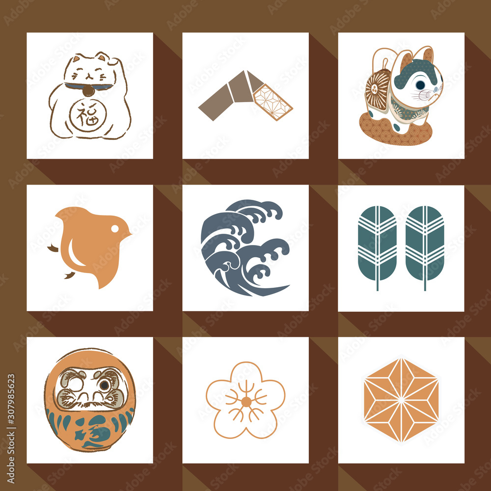 Japanese icon vector. Asian traditional crest symbol. Dog, cat, bird ...