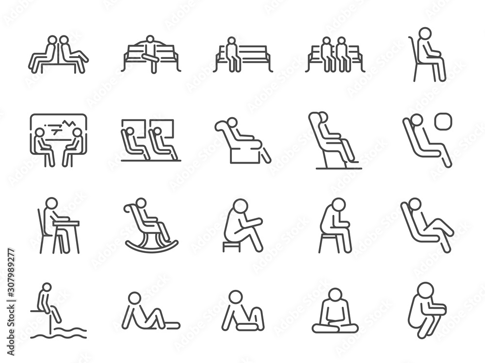 Wait icon set. Included icons as seat, sit, chair, armchair, bench and ...
