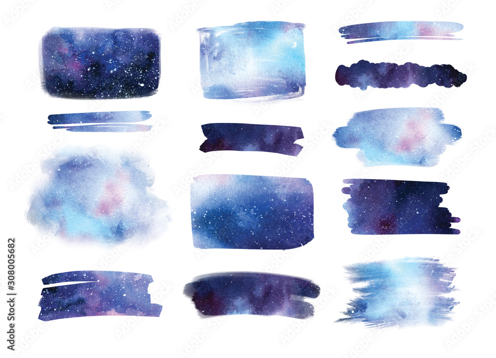 Set of watercolor galaxy splash clipart. Hand drawn cosmos illustration ...