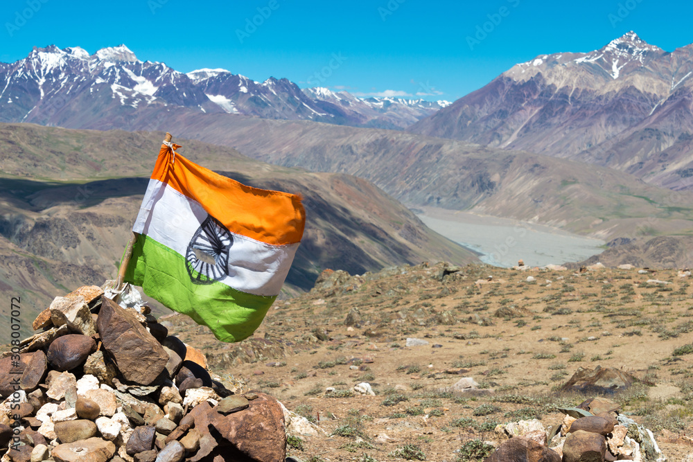 Himachal Pradesh, India - Sep 03 2019 - Indian Flag at Kunzum Pass ...