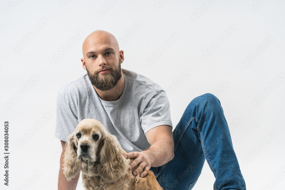 attractive bearded man posing in studio photo with an american cocker ...