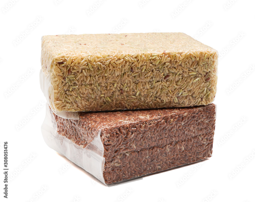 Organic Brown rice and rice berry in vacuum package bag isolated on ...