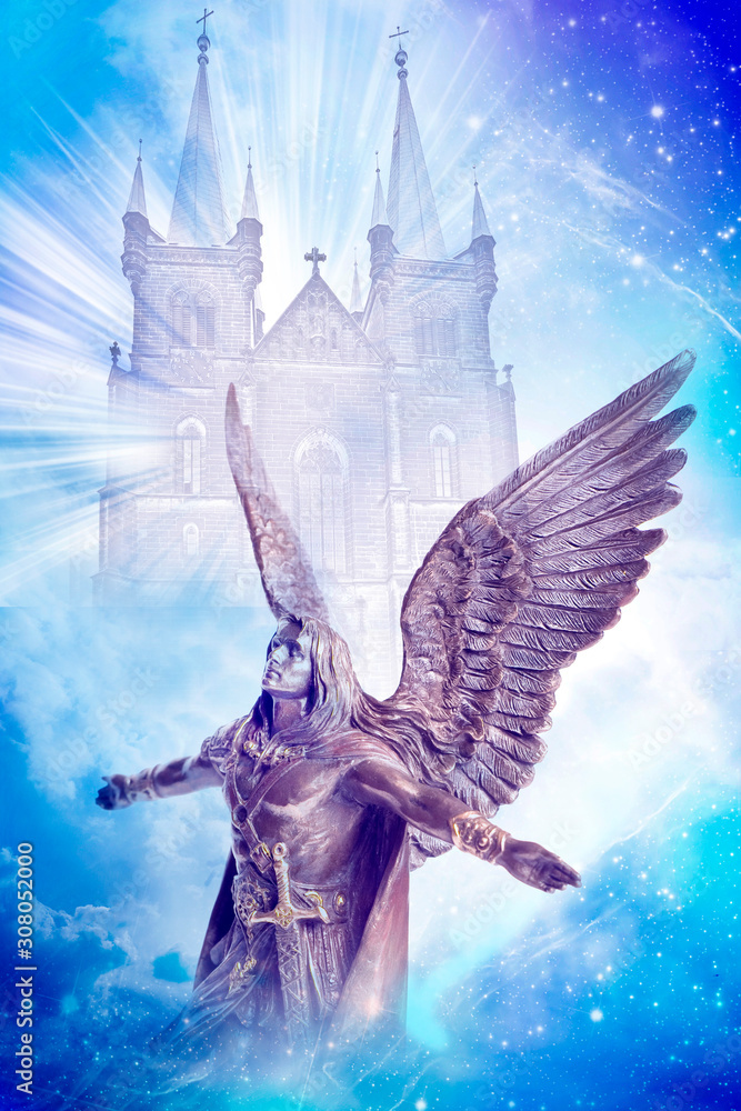 angel archangel Michael with divine gate over angelic background Stock ...