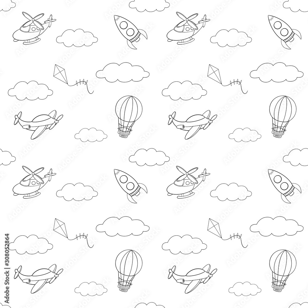 Seamless pattern with cloud, airplane, aircraft, airbus, rocket ...