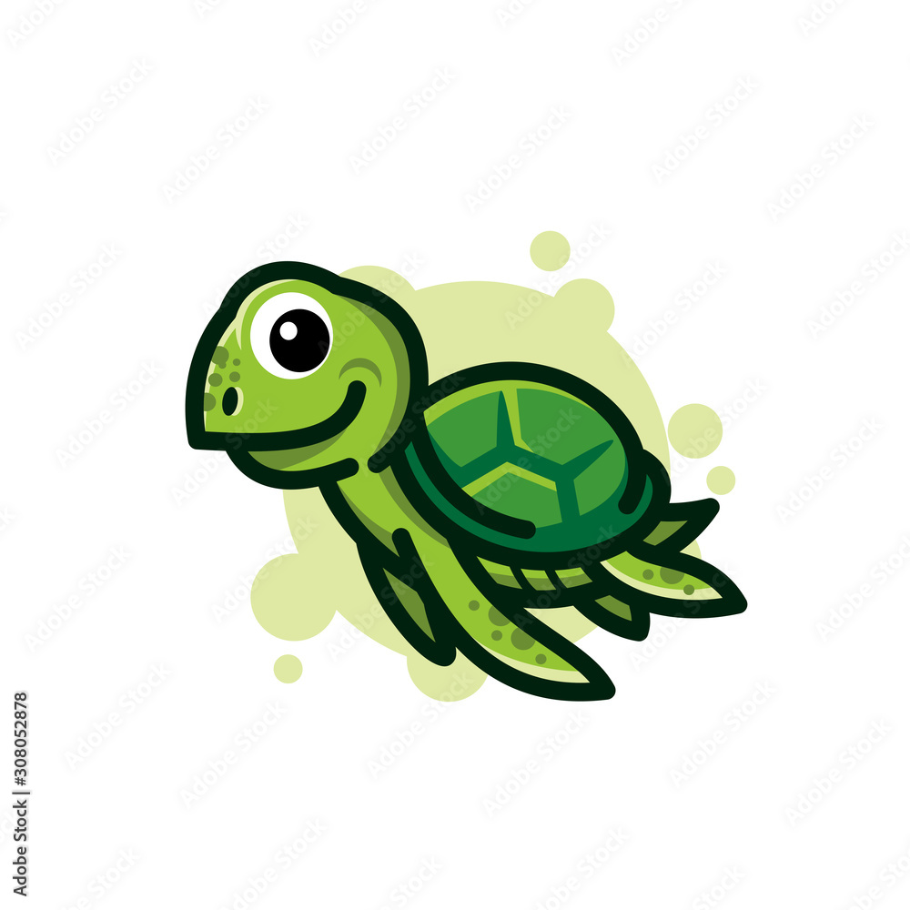cute green Sea turtle cartoon character logo design illustration. Sea ...