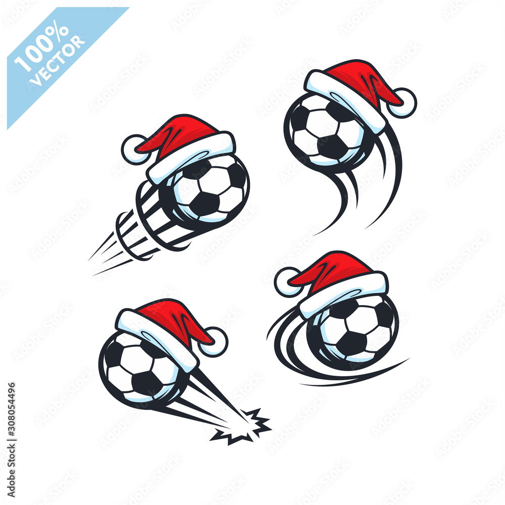 Soccer football ball with santa hat christmas theme set of 4 logo ...