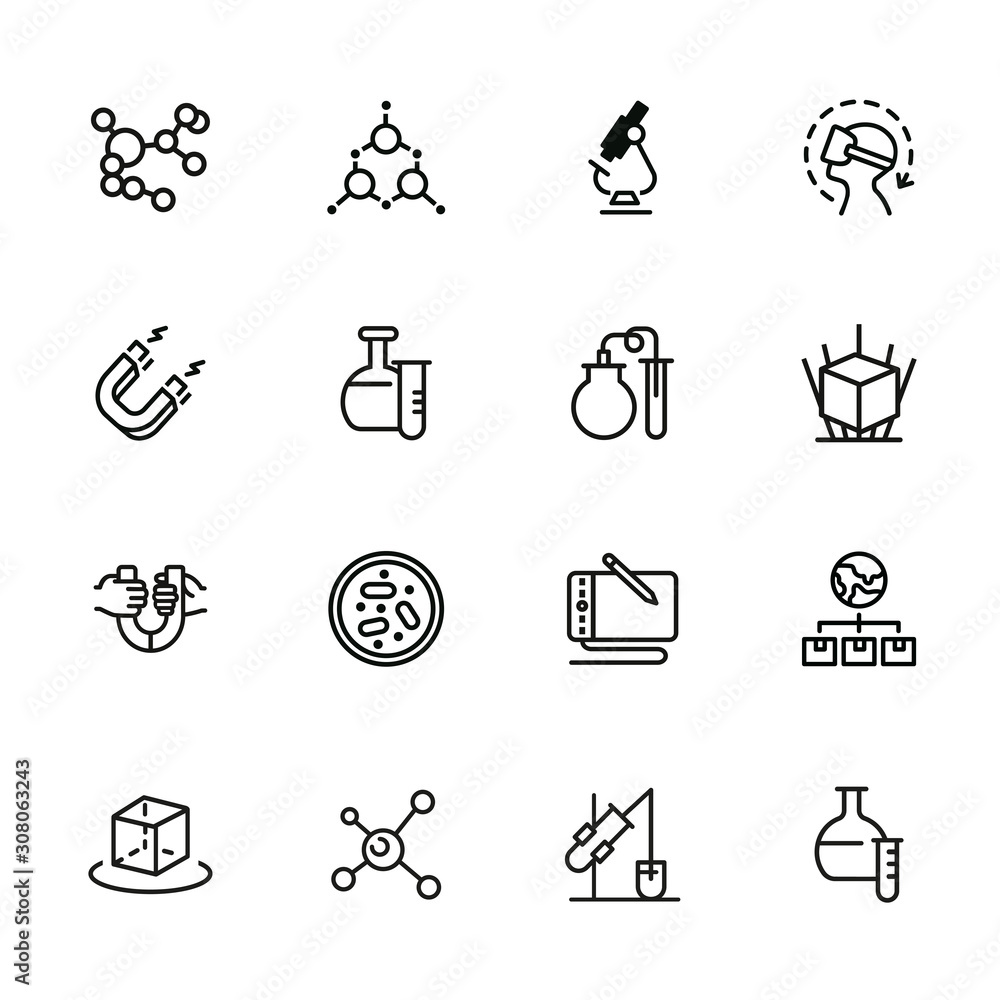 Vecteur Stock Science line icon set. Magnet, lab flask, microscope ...
