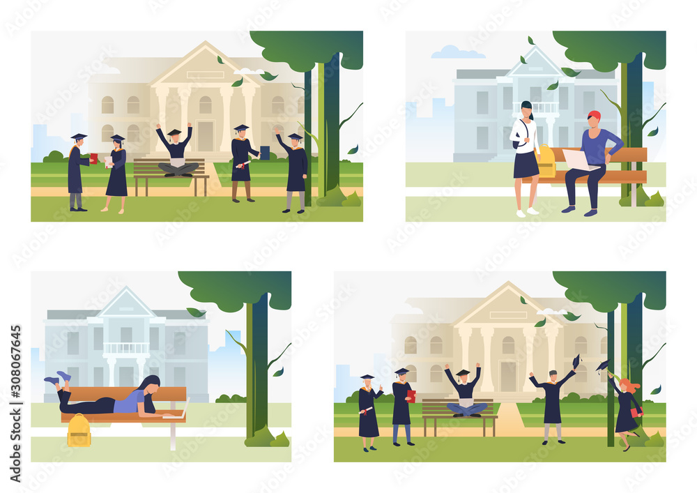 Graduate students set. Young people celebrating graduation, studying in ...