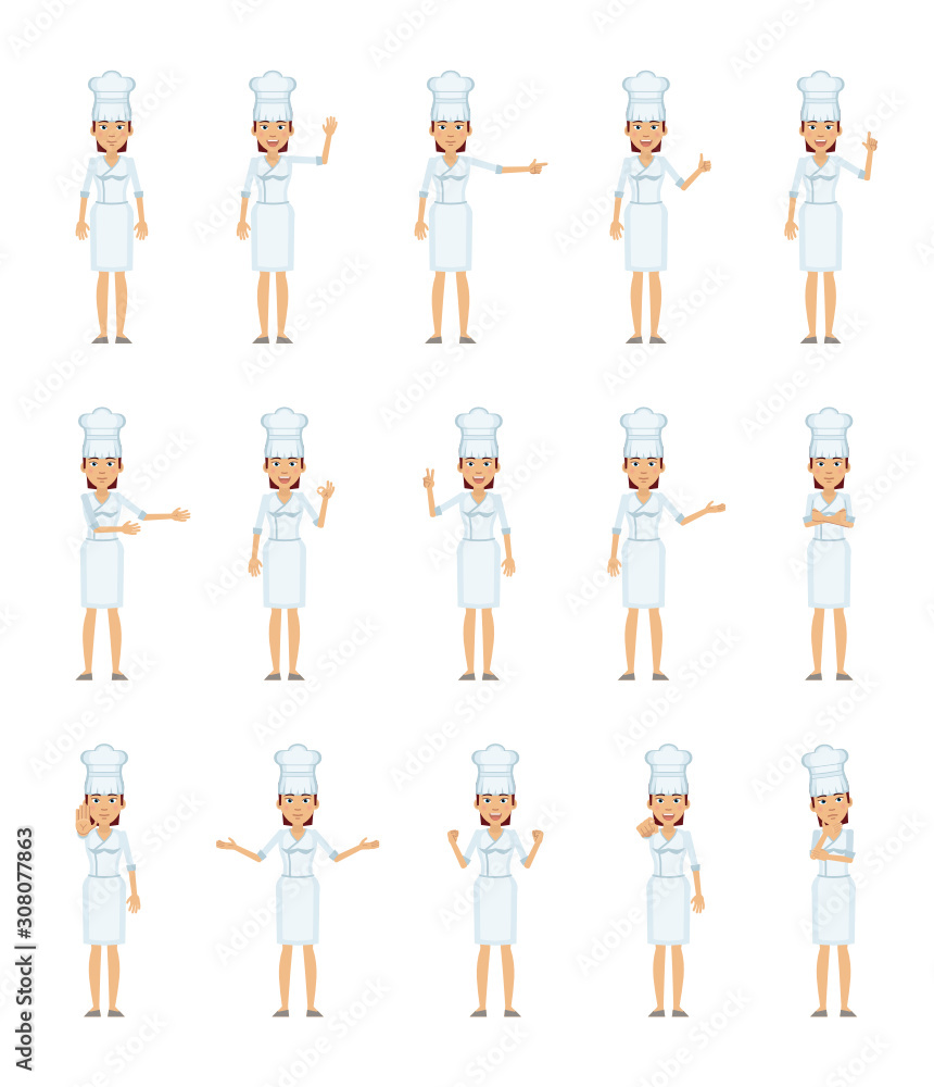 Big set of female cook characters showing different hand gestures ...