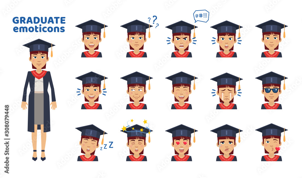 Vetor de Female graduate student emoticons. Graduate student emojis ...