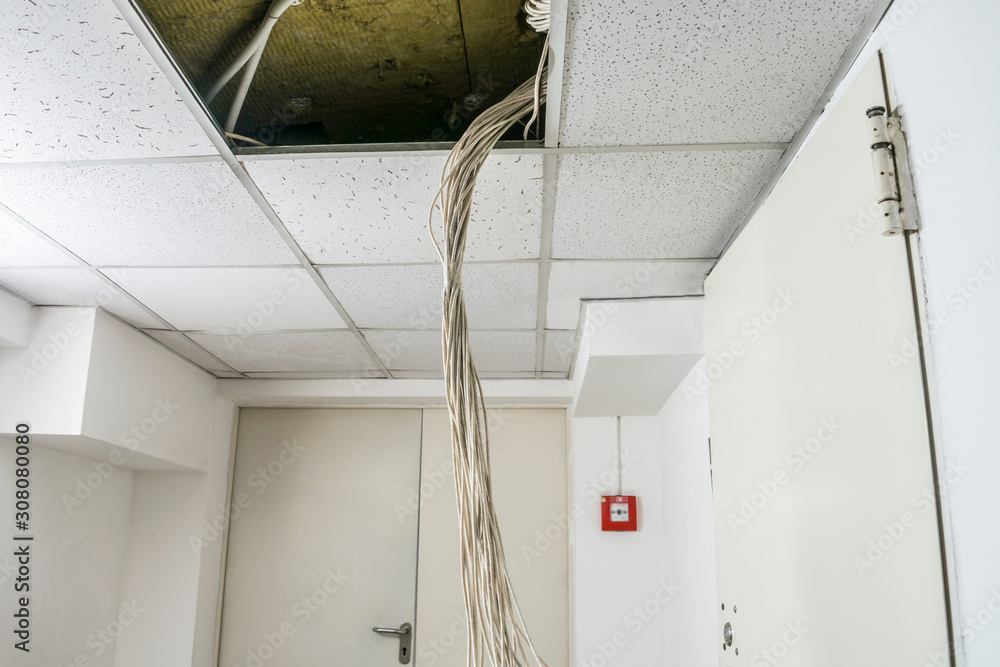 A bunch of white wires hang from the suspended ceiling. Communication ...
