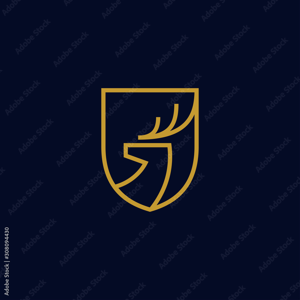 simple elegant line art, linear, outline deer and shield logo, badge ...