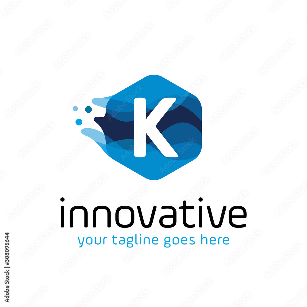 modern letter K technology logo design vector with hexagon and blue ...
