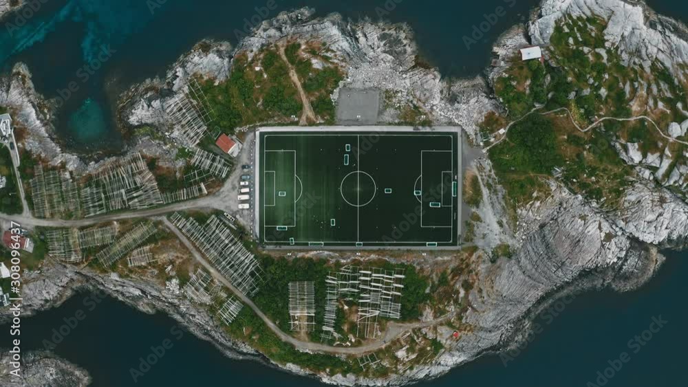 Vídeo do Stock: Football field on island view from above Henningsvaer ...