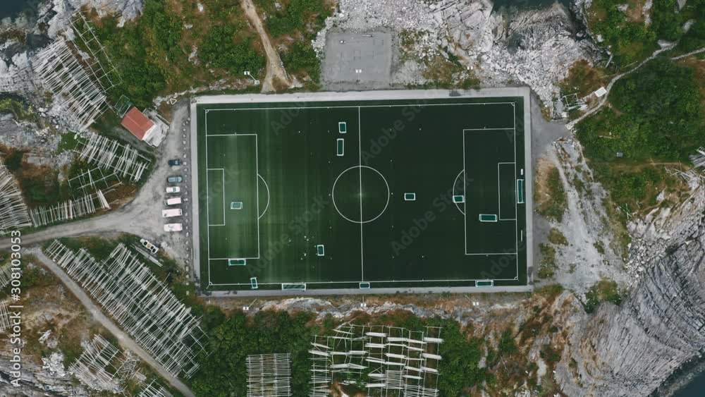 Football field aerial view in Henningsvaer village in Norway Lofoten ...