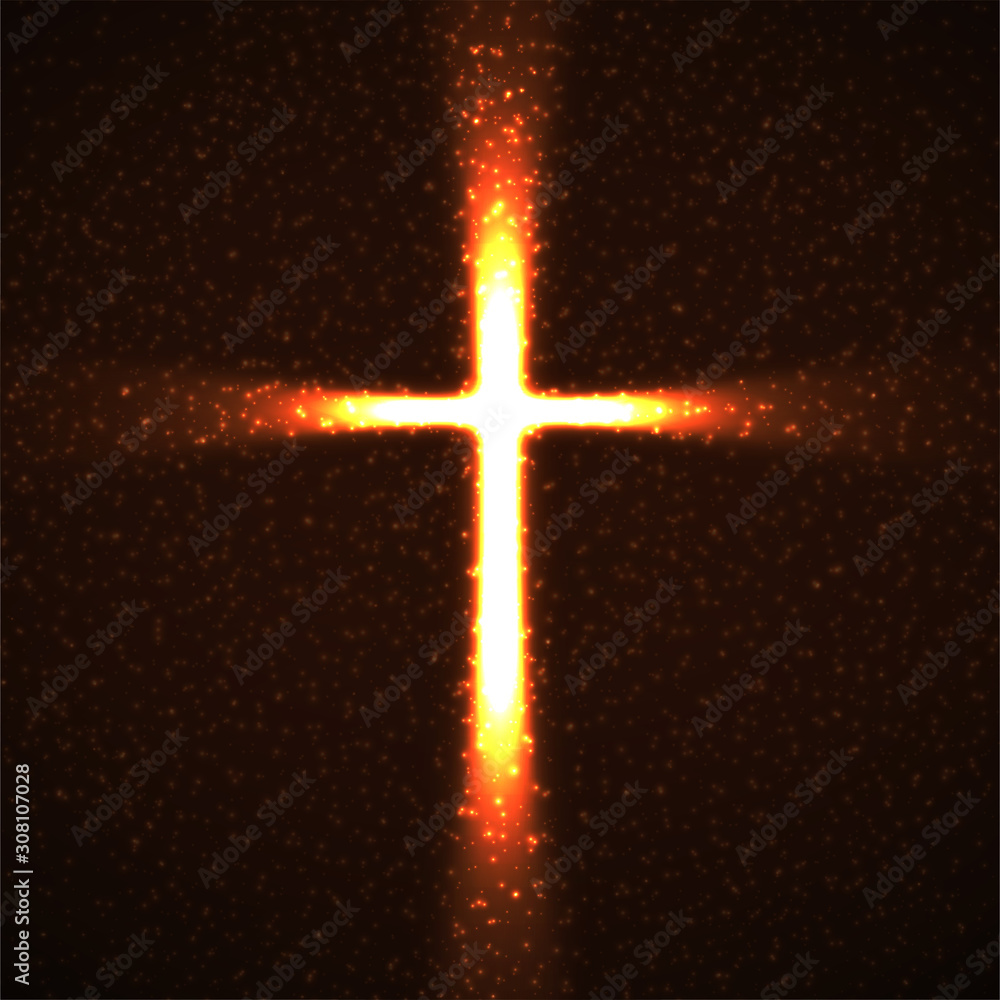 Abstract shining cross with glowing rays and particles. Religious ...