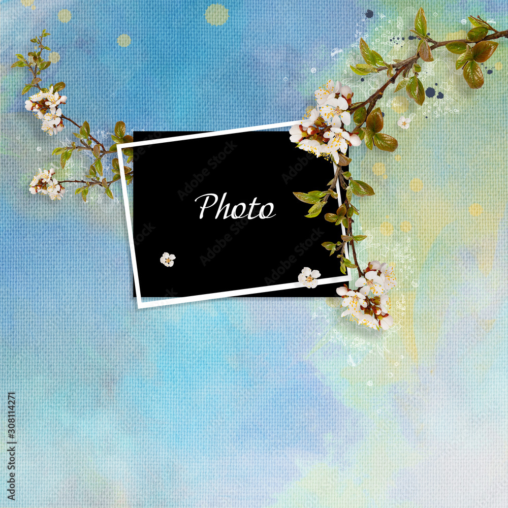 Decorative frame in scrapbook style with blue background. Summer or ...