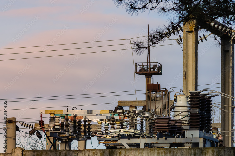 High voltage transformer substation. Modern distribution power station ...