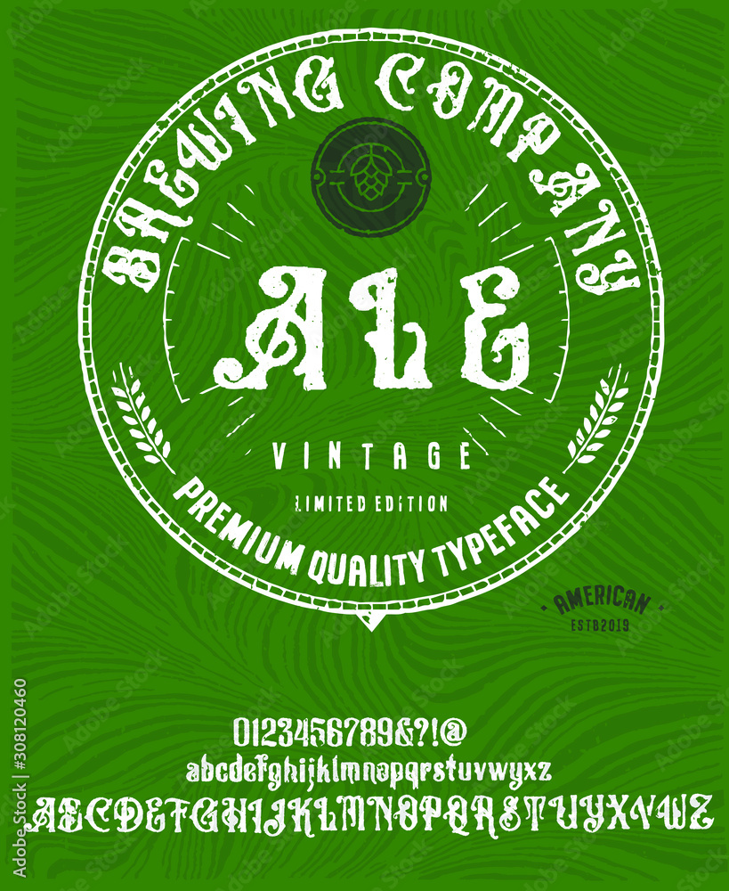 " beer " typeface. Vector hand crafted font in medieval style with hops ...