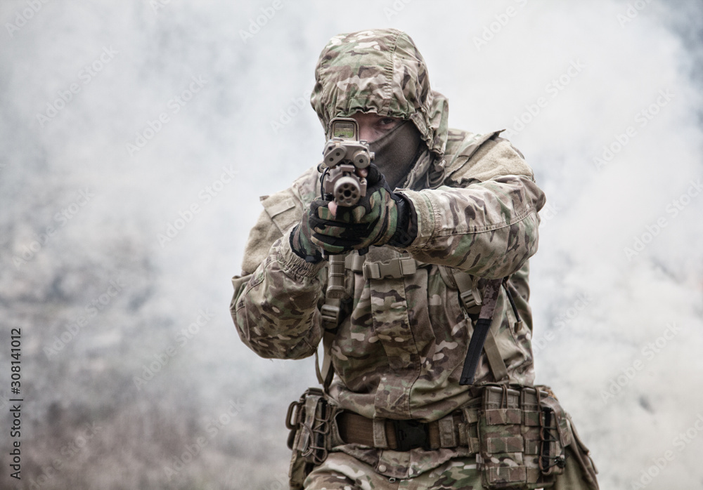 army soldier attacking enemies trough smoke screen Stock Photo | Adobe ...