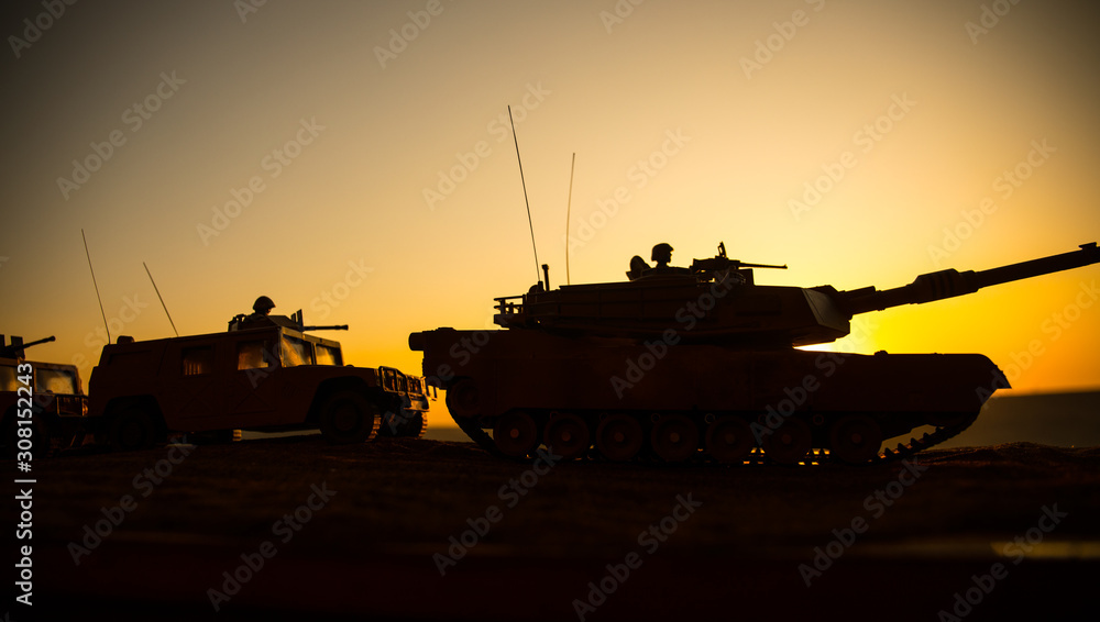 Military patrol car on sunset background. Army war concept. Silhouette ...