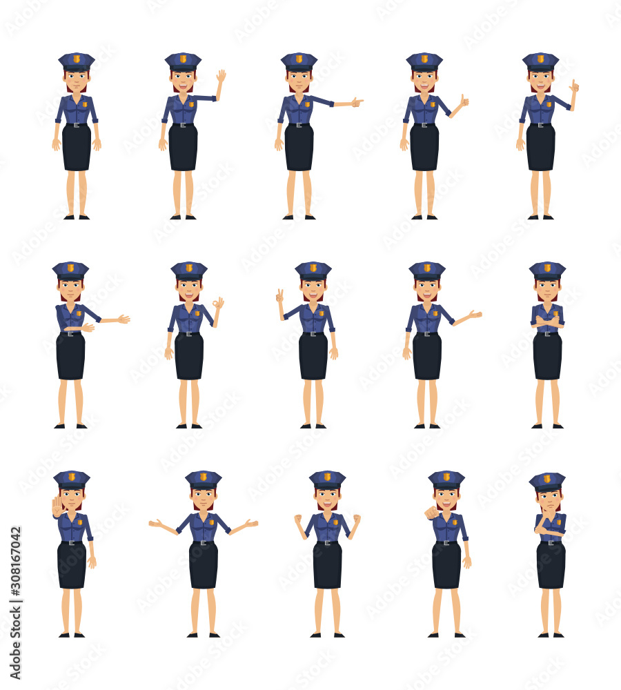 Big set of policewoman characters showing different hand gestures ...