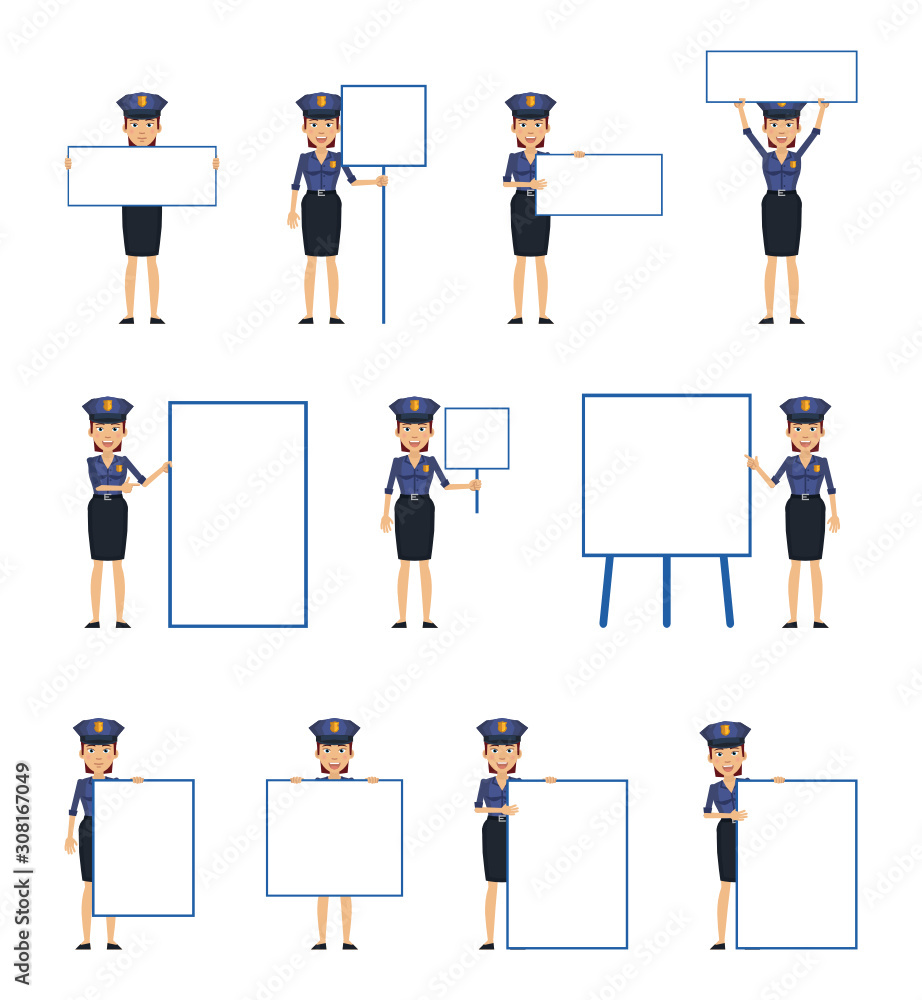 Big set of policewoman characters posing with different blank banners ...