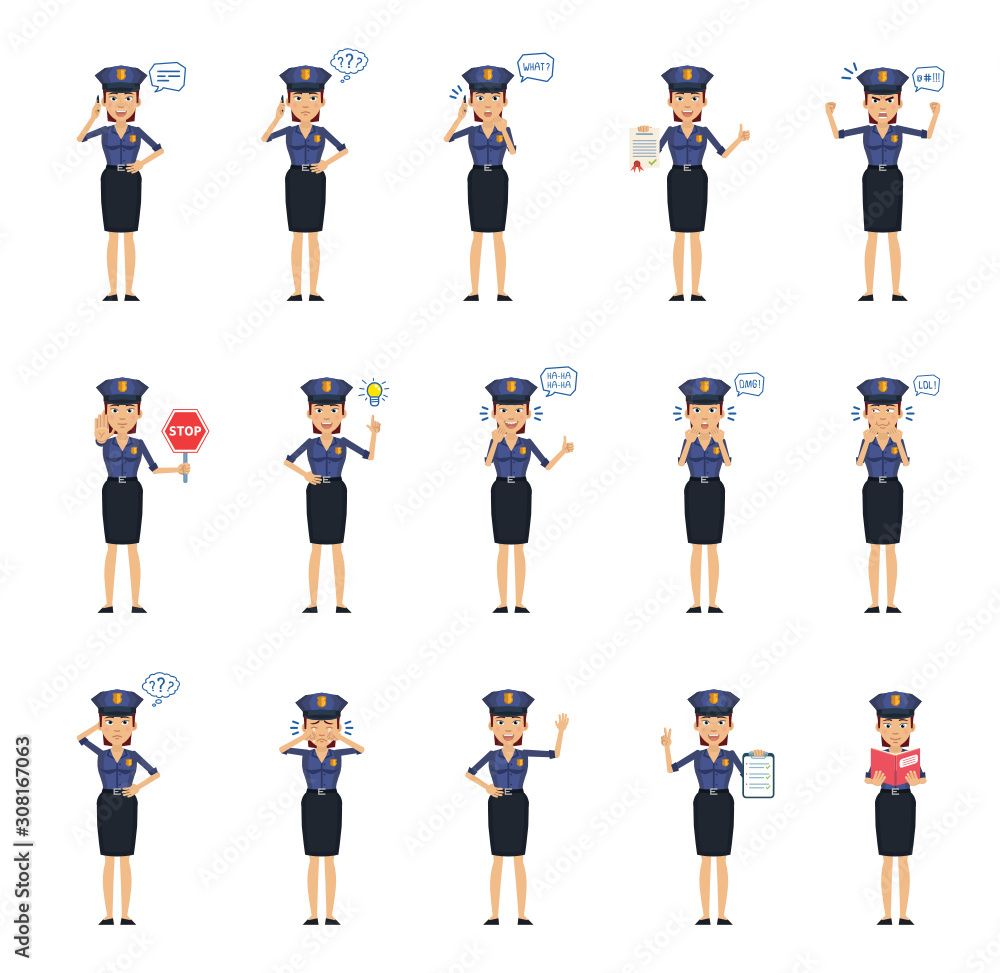 Big set of policewoman characters showing different actions, gestures ...