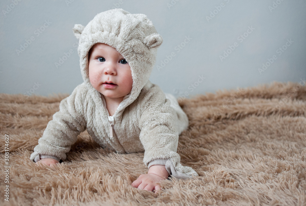 6 month old baby learn to crawl. Healthy child development. Cute infant ...