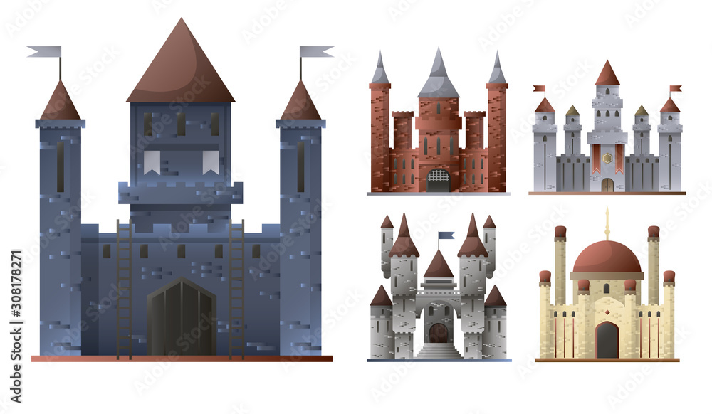 Poster Medieval castles and fortresses architectural structures in grey ...