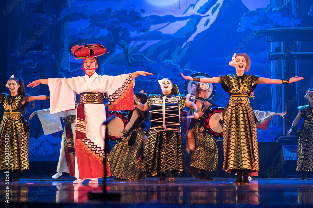 Traditional Japanese performance. Group of actresses in traditional ...