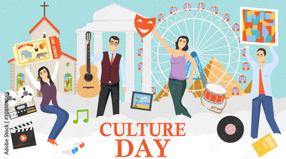 Culture Day. A group of mini characters people celebrate the day of ...