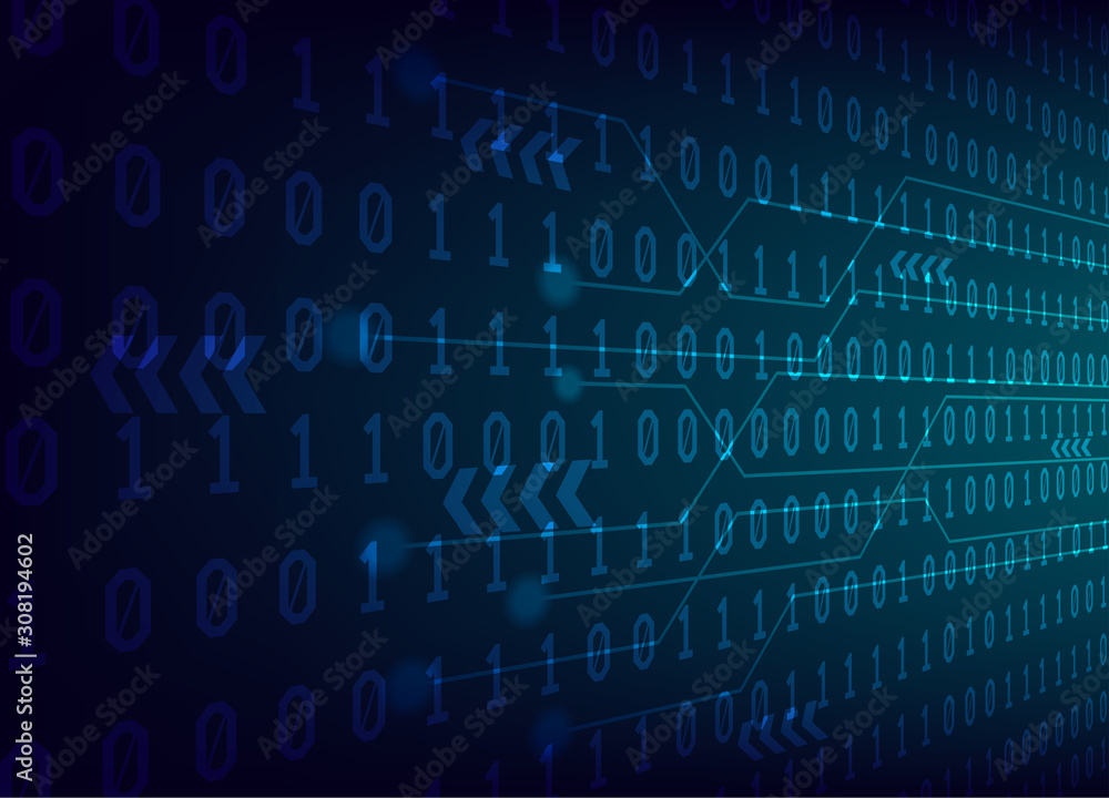 Binary numeral system with modern circuit technology on dark blue ...