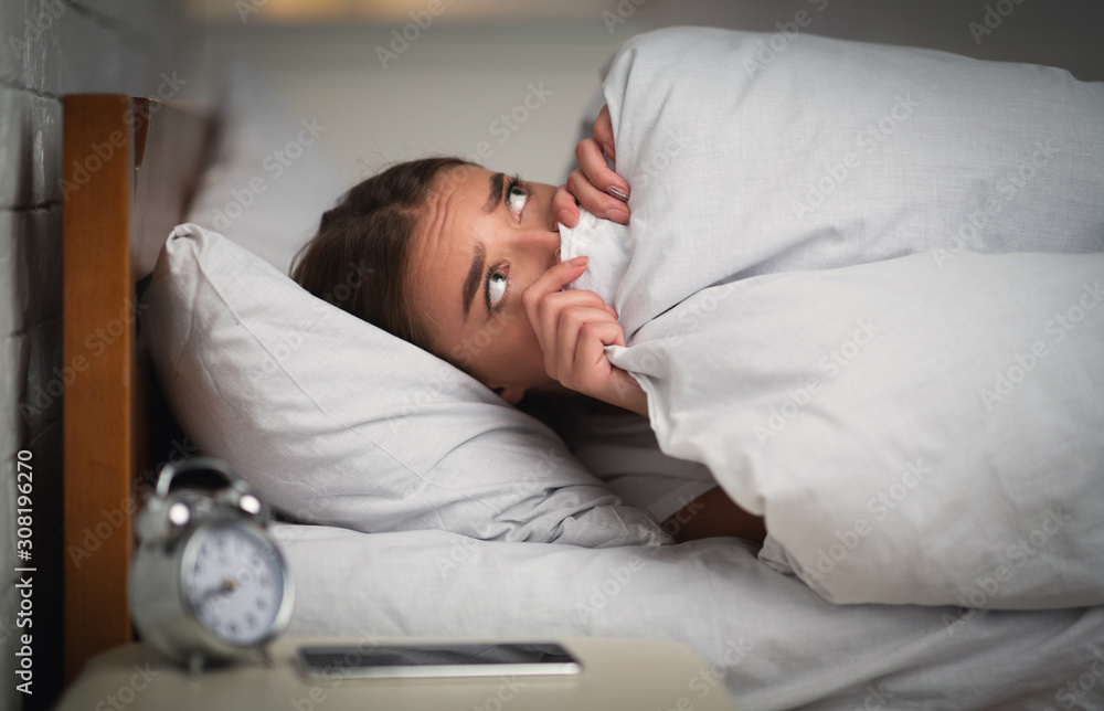 Poster Scared Girl Lying In Bed Unable To Get To Sleep – Wall Art ...