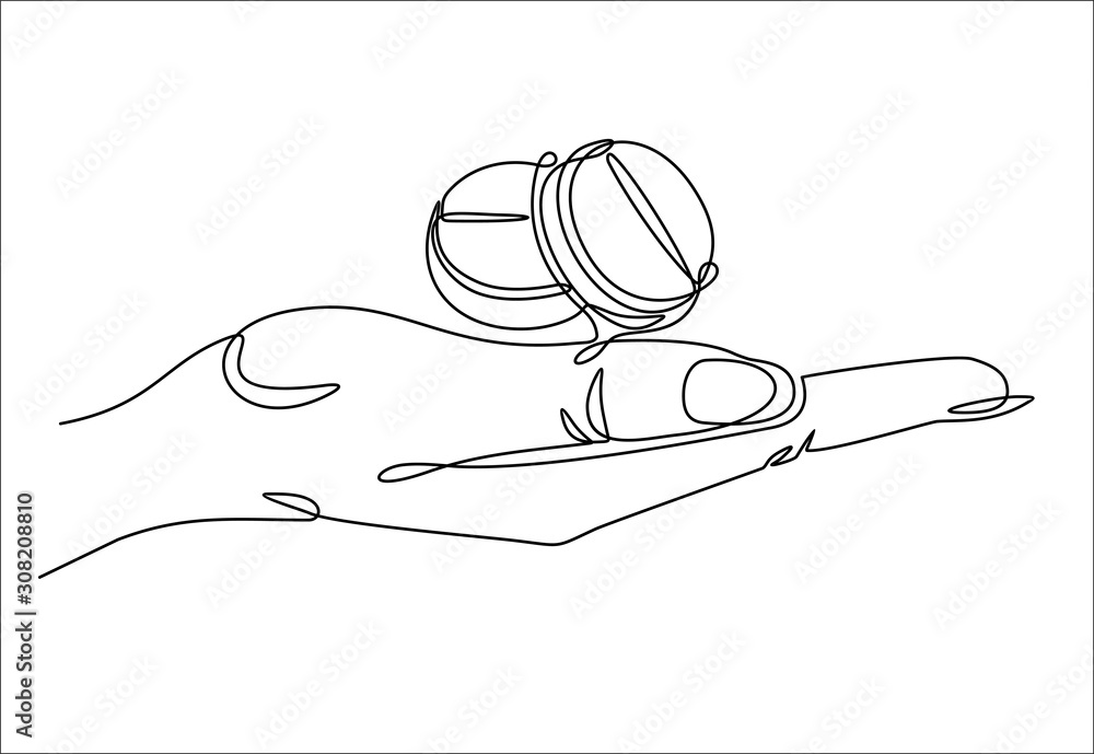 One continuous line drawing of hand holding two pills. Vector ...