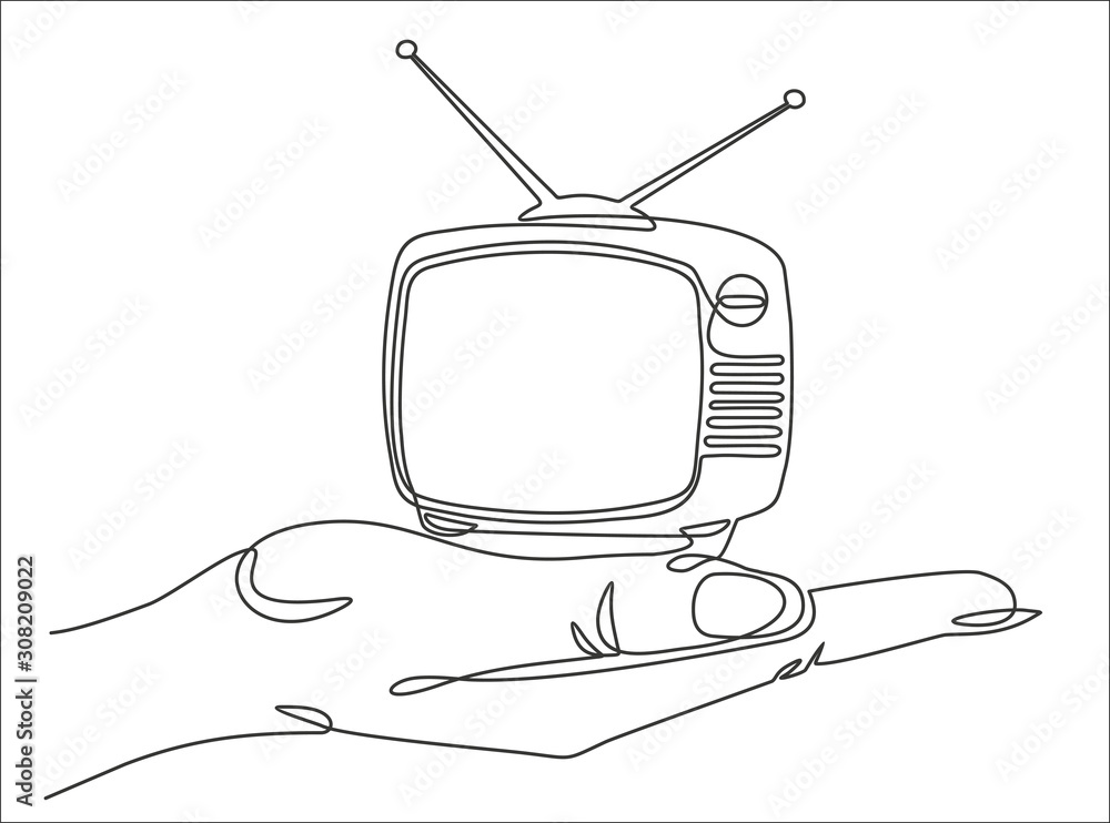 One continuous line drawing of hand holding Retro TV. Vector ...