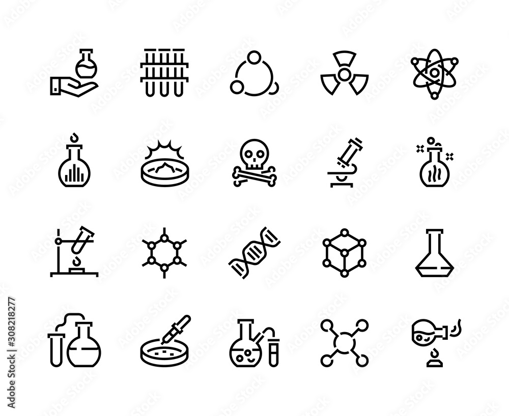 Chemistry line icons. Laboratory equipment and chemical reactions ...