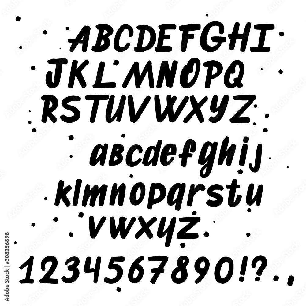 Hand drawn typeface. Painted vector characters: lowercase and uppercase ...