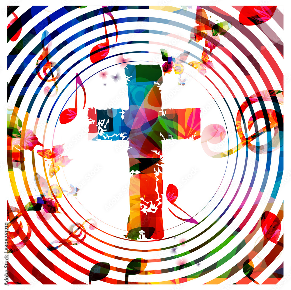 Colorful christian cross with music notes isolated vector illustration ...