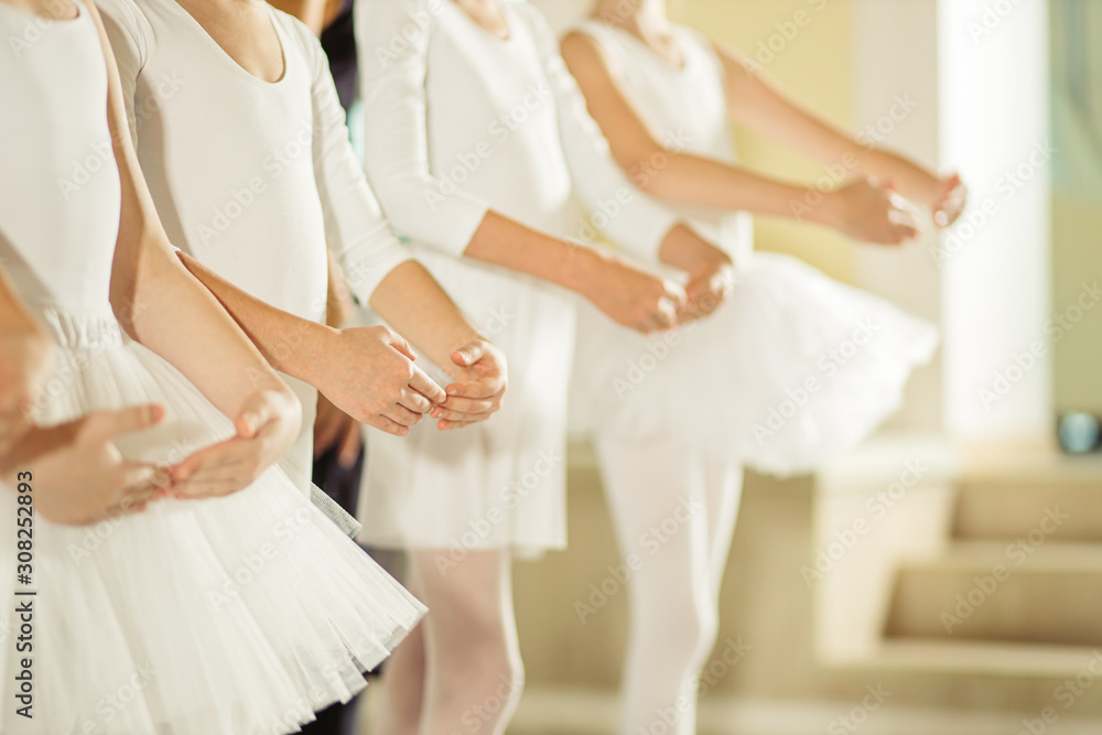 cropped little girls practice ballet together standing in row in pose ...