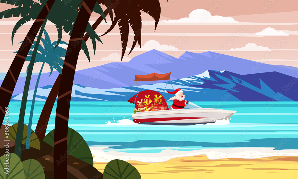 Merry Christmas Santa Claus on speed boat on ocean sea tropical island ...