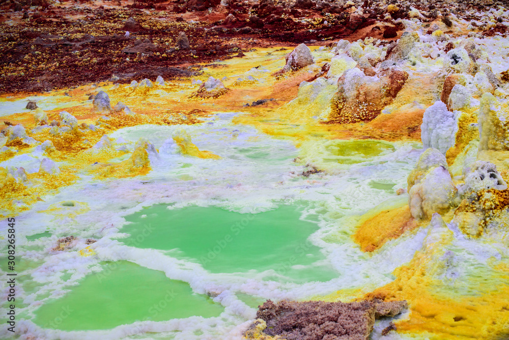 Poster Puddle whose color is given by sulfuric acid at Dallol volcano ...