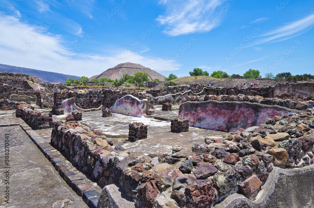View of the ancient Aztec city ruins of the pyramids of Teotihuacan ...